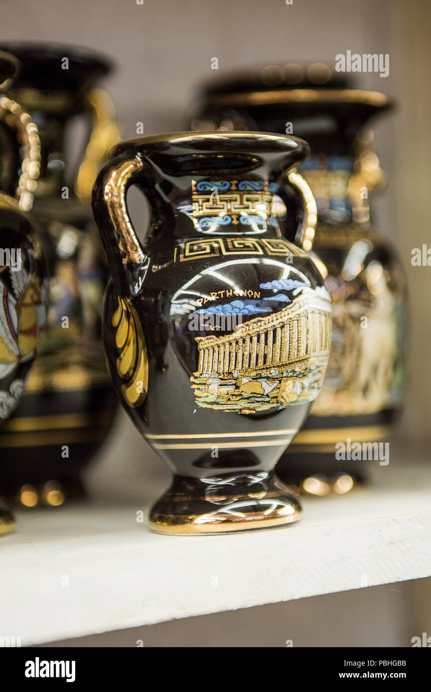 KALAMBAKA, GREECE - MAR 20, 2015: Greek vase with Parthenon. Greek ...