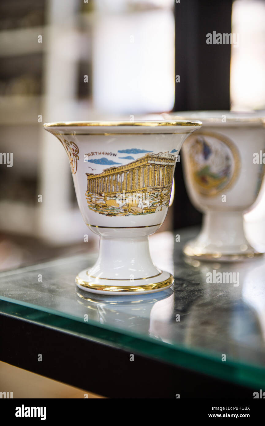 KALAMBAKA, GREECE - MAR 20, 2015: Souvenir greek cups with the ...