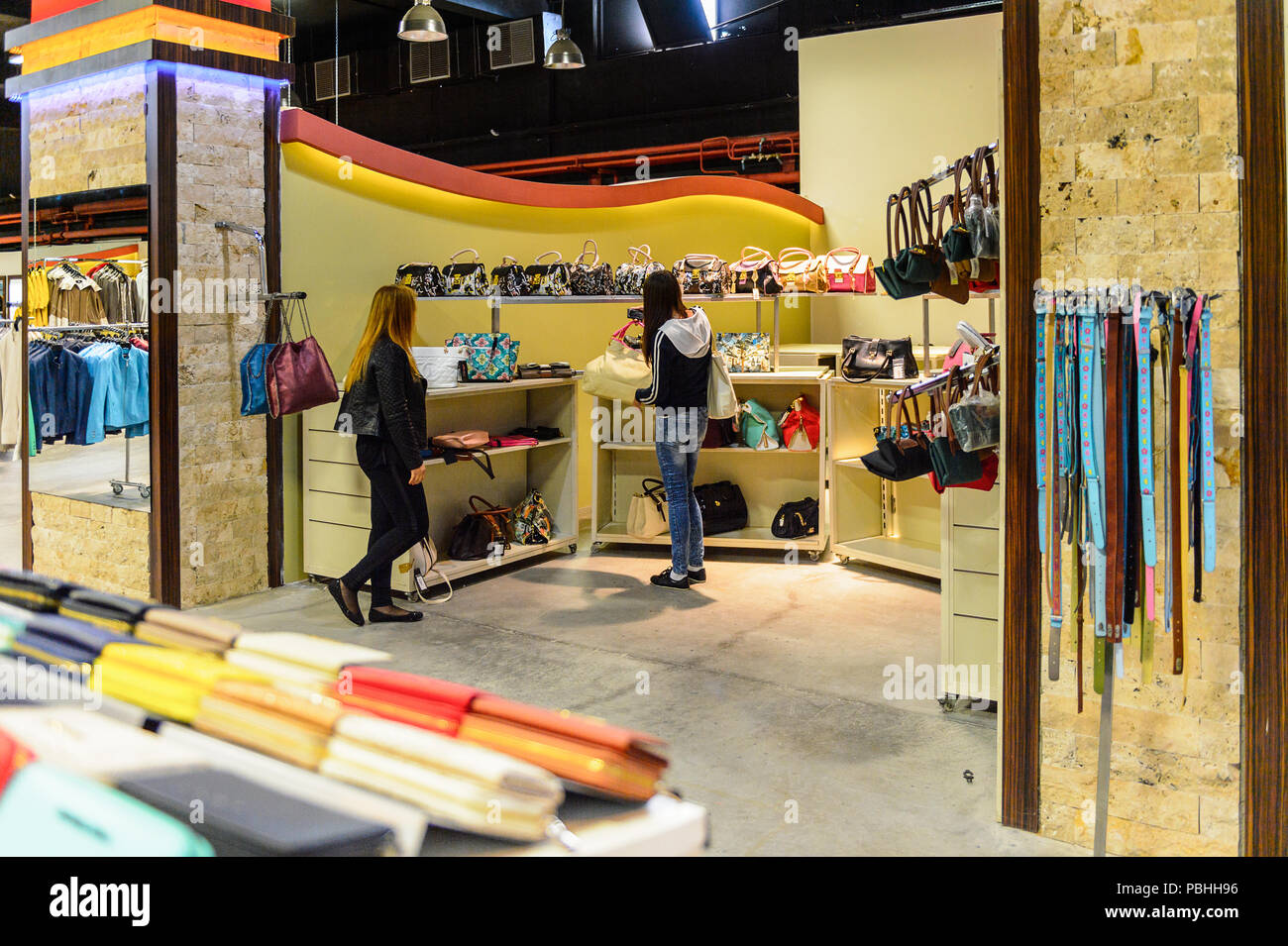 PAMUKKALE, TURKEY - APR 18, 2015: Leather clothes in the Leather studio ...