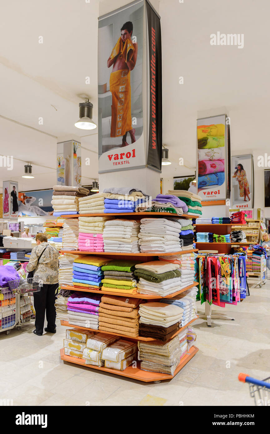 PAMUKKALE, TURKEY - APR 18, 2015: Varol textil factory shop in Turkey ...