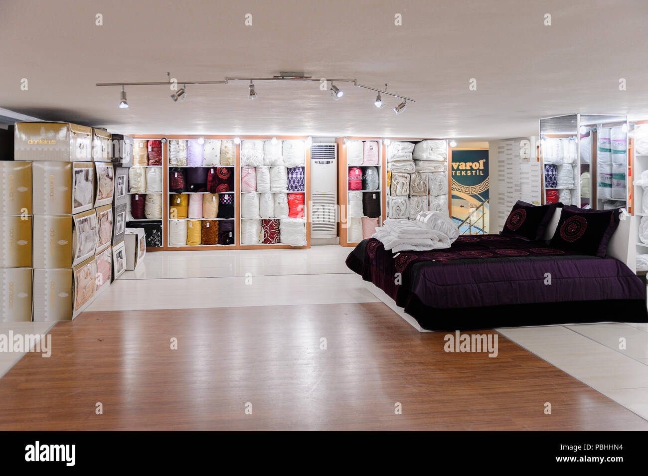 PAMUKKALE, TURKEY - APR 18, 2015: Interior of the Varol textil factory ...