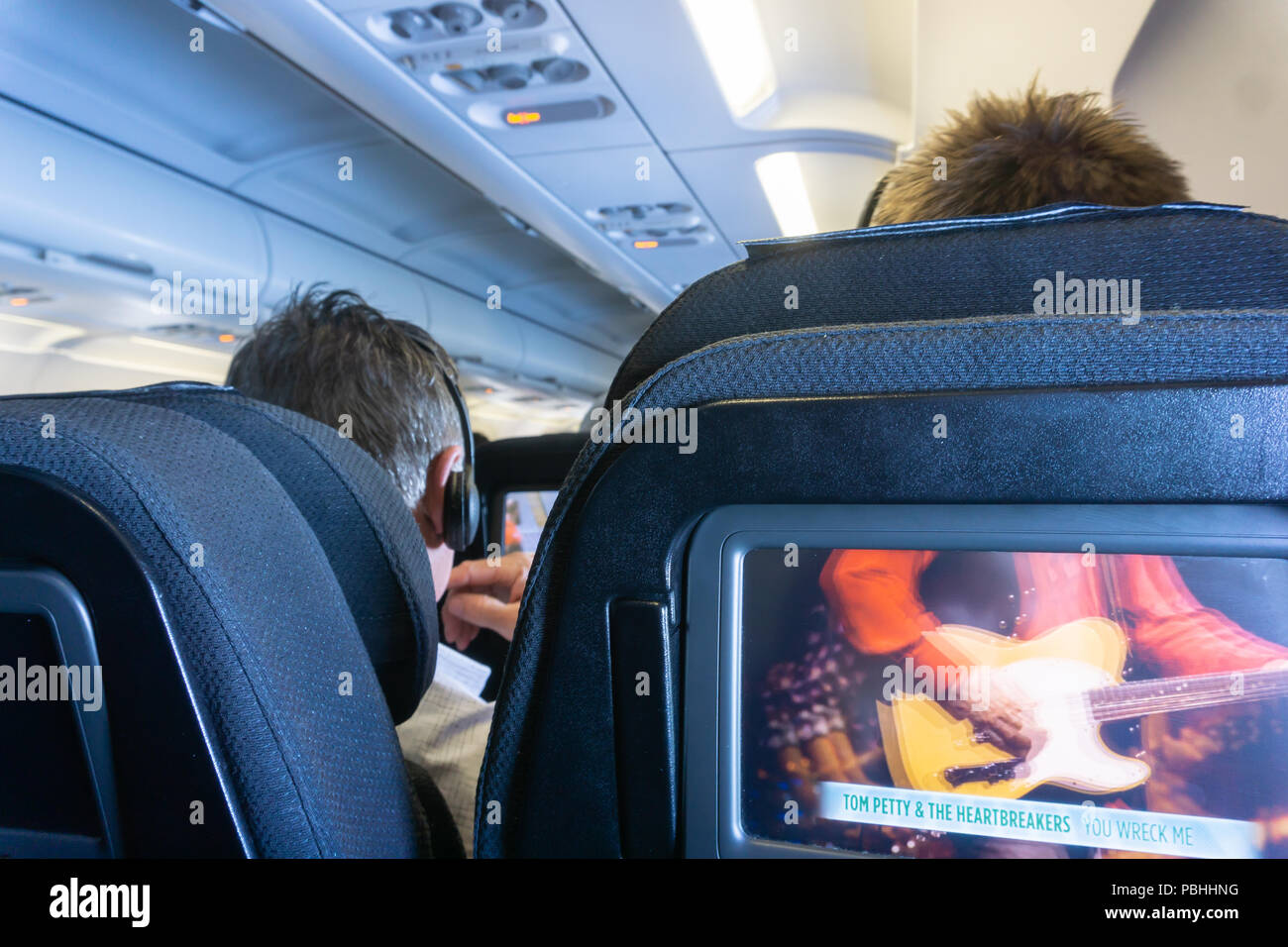 BRISBANE AUSTRALIA - JULY 12 2018; Airplane cabin interior in-flight ...