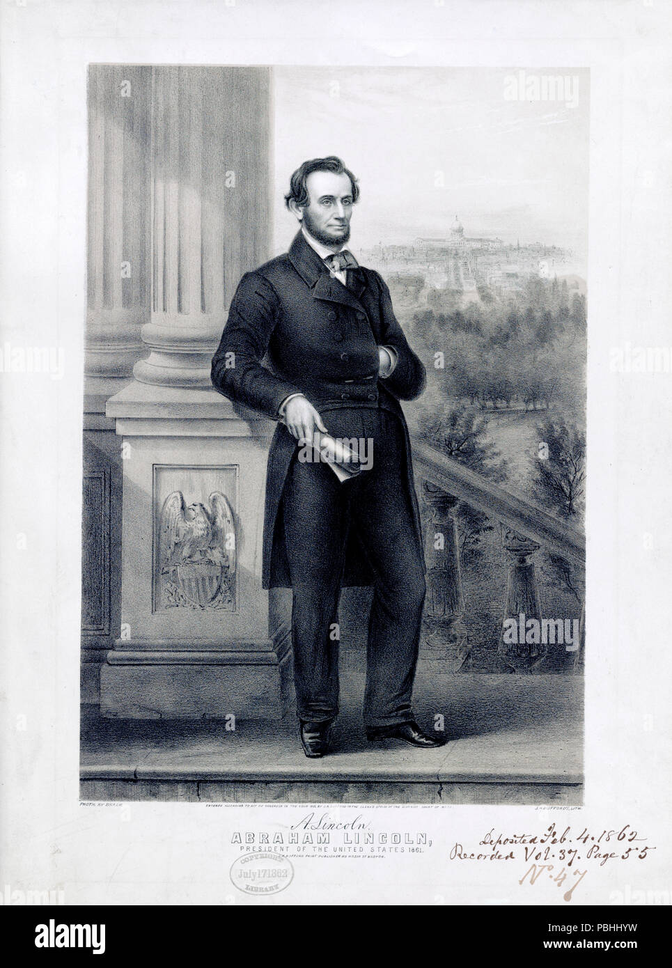 Shows him standing, with hand on Emancipation Proclamation (preliminary ...