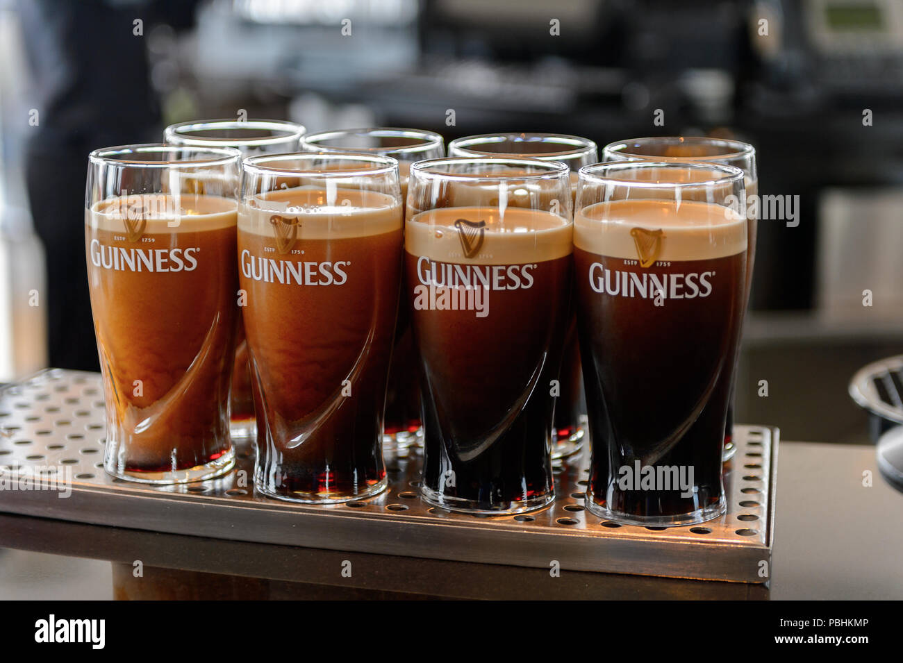 DUBLIN, IRELAND - JULY 12, 2016: Pints of Guinness in the museum in ...