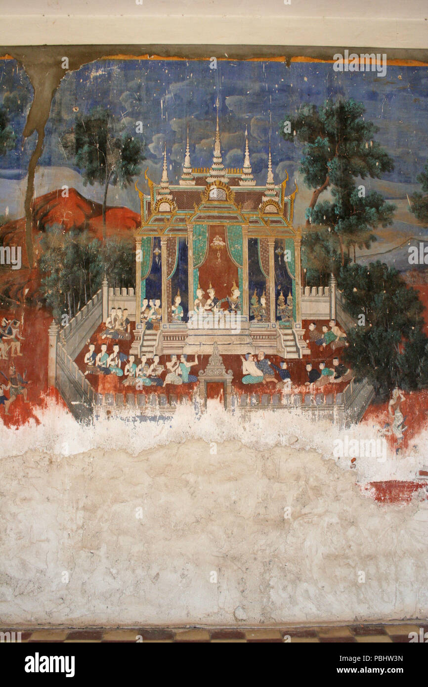 Shabby Ramayana Mural Inside Phnom Penh Royal Palace, Cambodia Stock ...