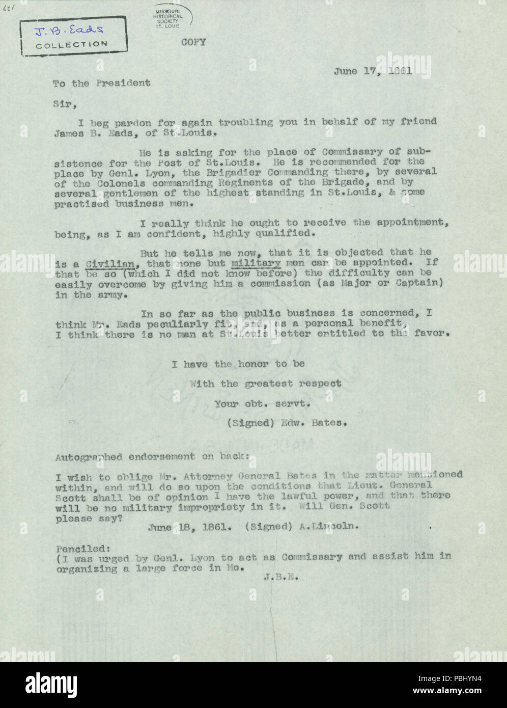 1783 Typescript copy of letter of Edw. Bates (Edward Bates) to the ...