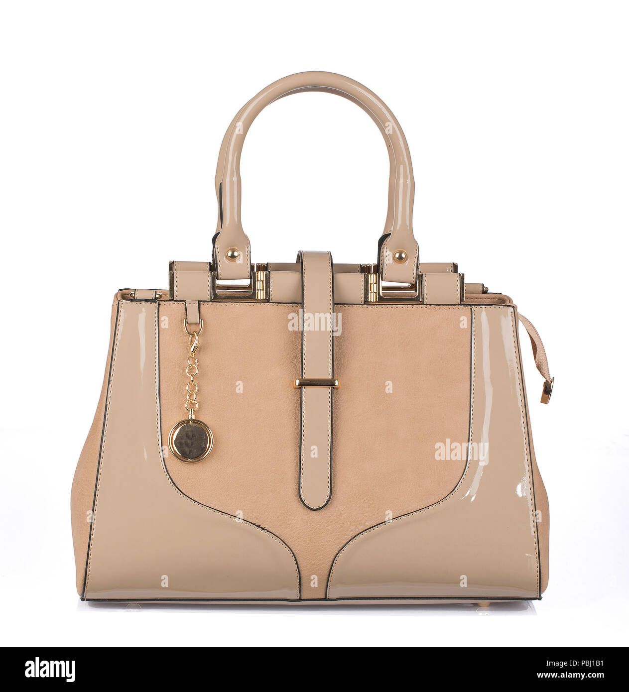 Elegant women beige bag on white background Stock Photo - Alamy