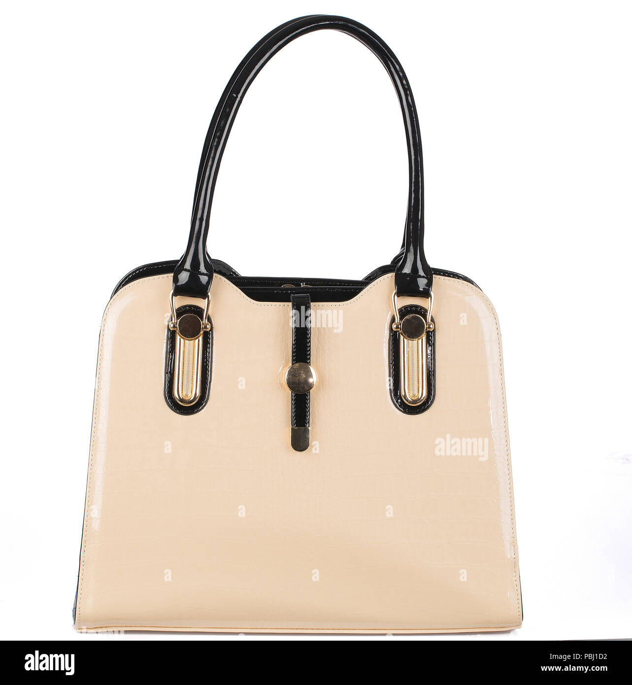 Elegant women beige bag on white background Stock Photo - Alamy