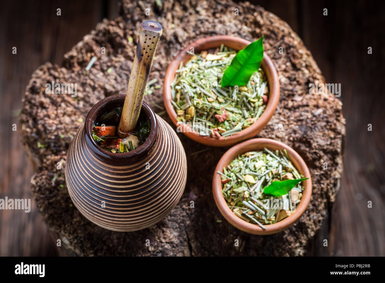 Top view of flavor yerba mate made of dried leaves Stock Photo - Alamy