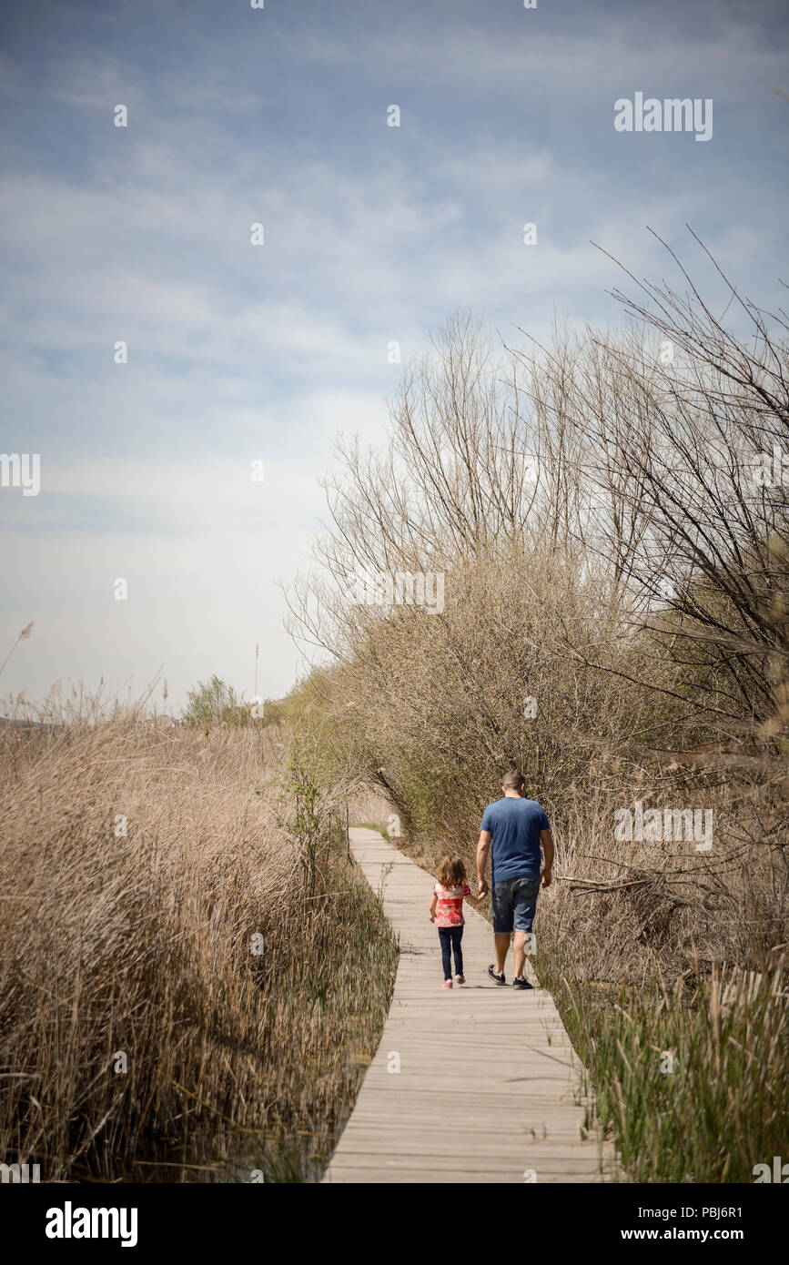 Father and little daughter walking on a path of wooden boards in a ...