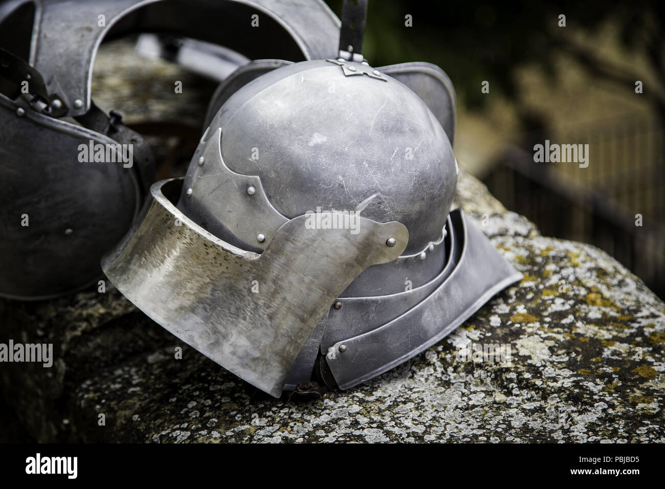 Ancient medieval helmets, detail of history and protection Stock Photo ...