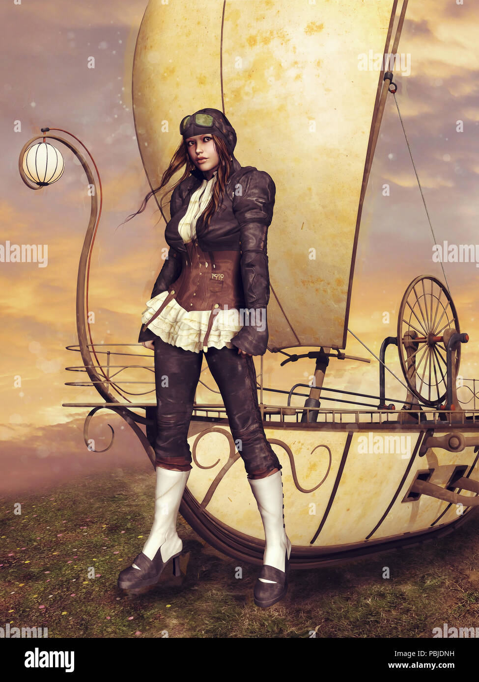 Victorian pilot girl standing next to a fantasy flying machine. 3D ...