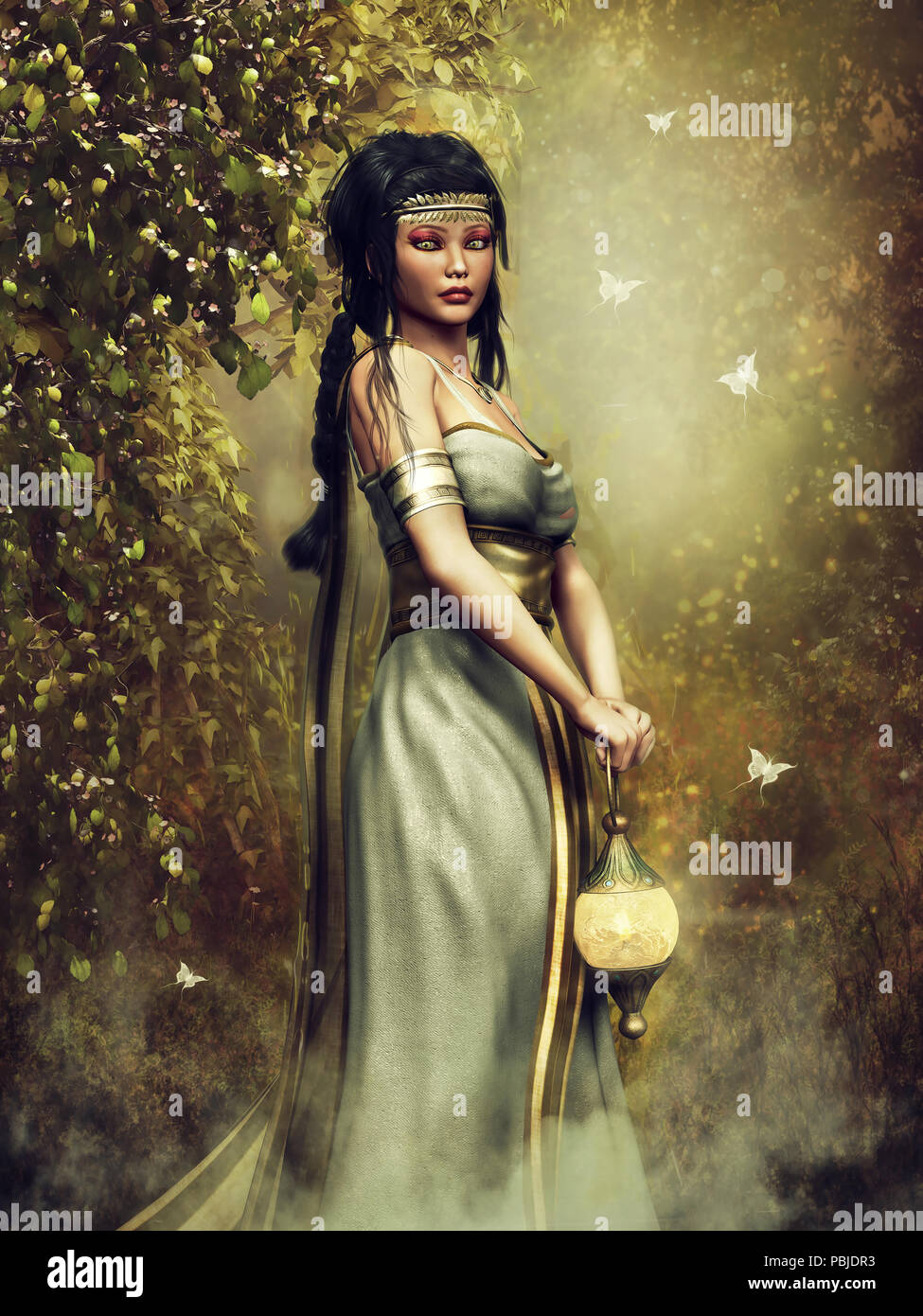 Fantasy priestess in an ancient gown with a lamp in a colorful forest ...