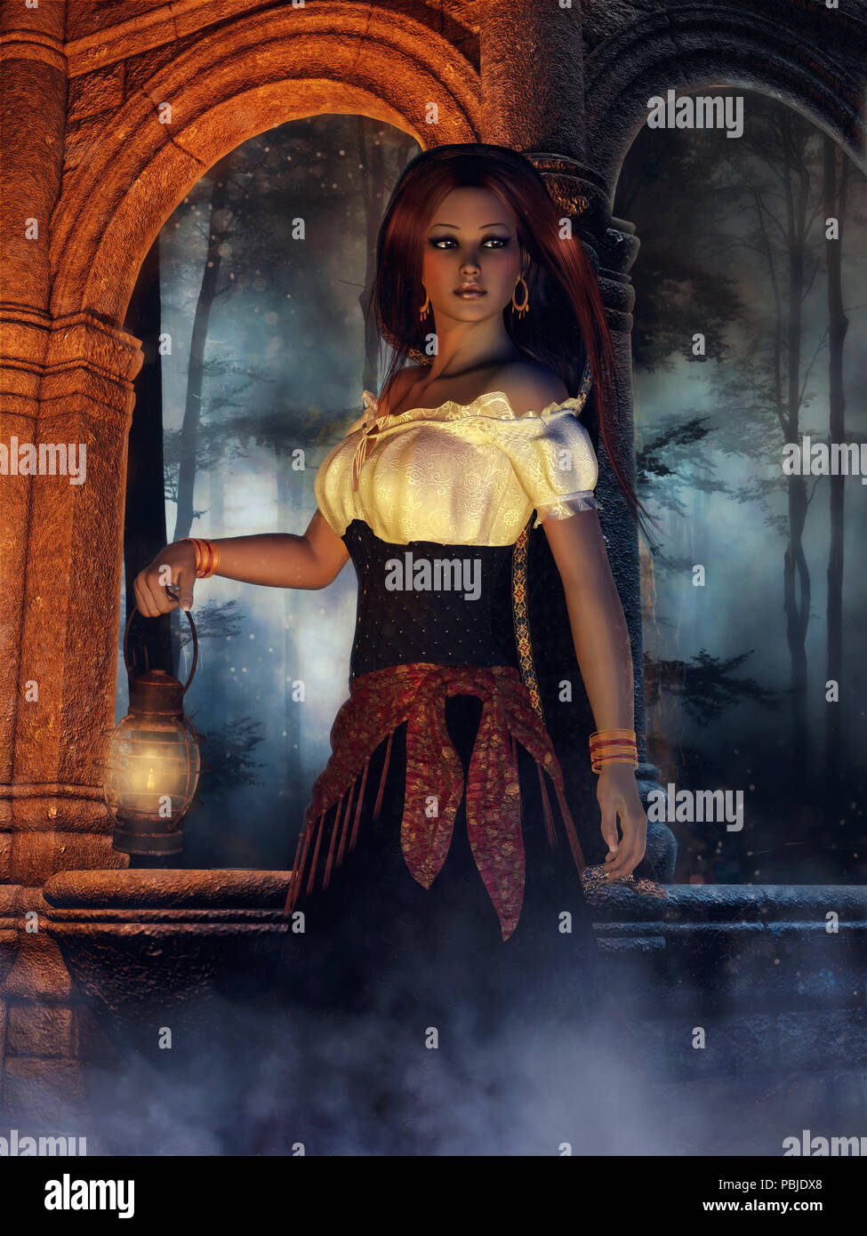 Fantasy gypsy girl with a lamp in front of a stone well. 3D render ...