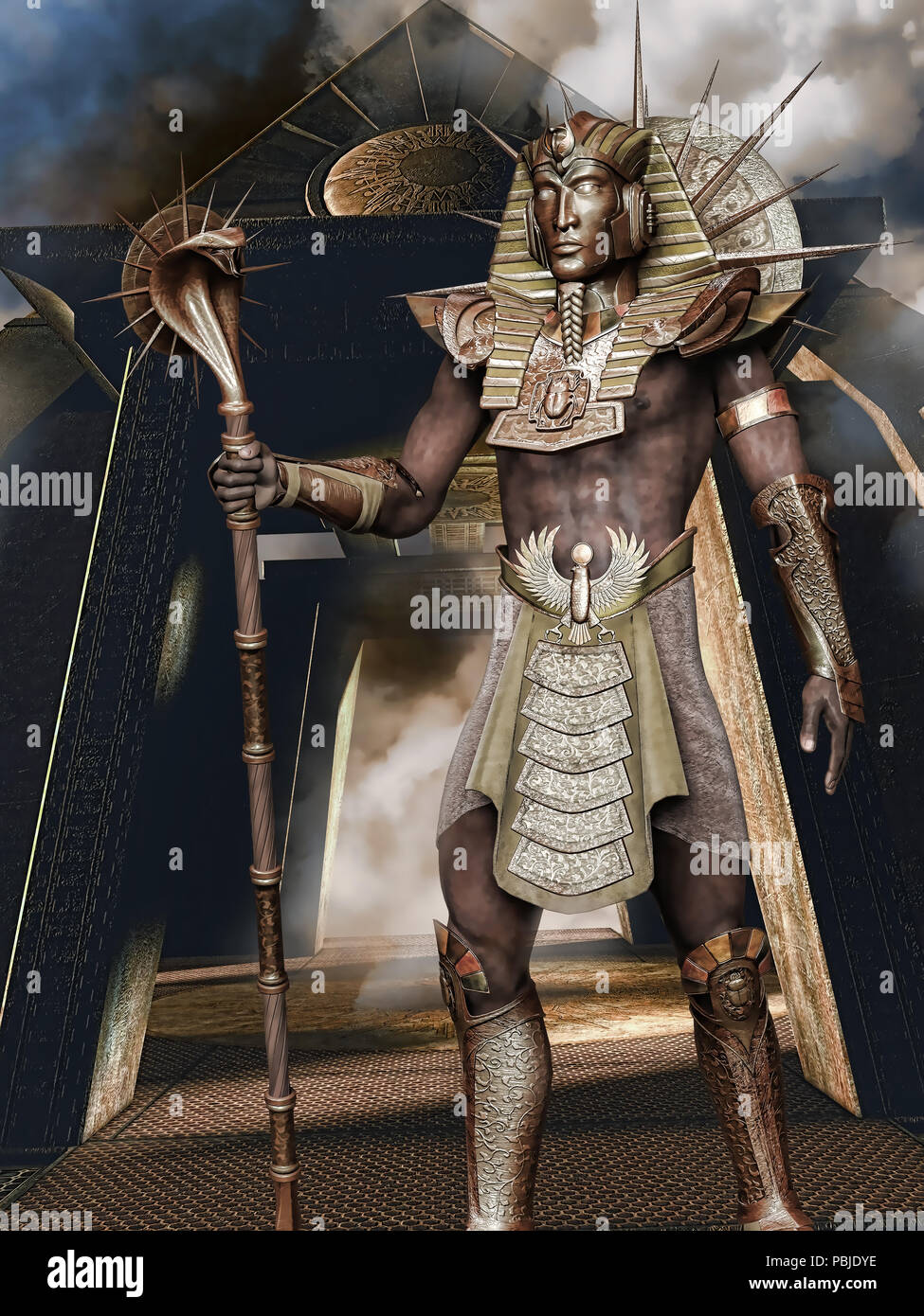 Fantasy pharaoh in a golden armour and snake staff. 3D render Stock ...