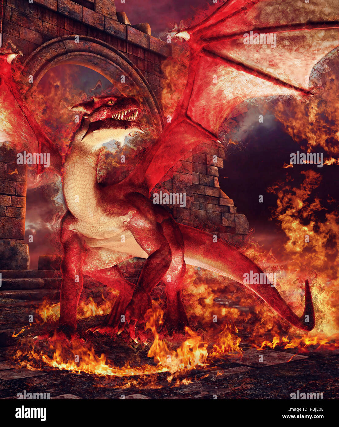 Red dragon in a ring of fire in front of castle ruins. 3D render Stock ...