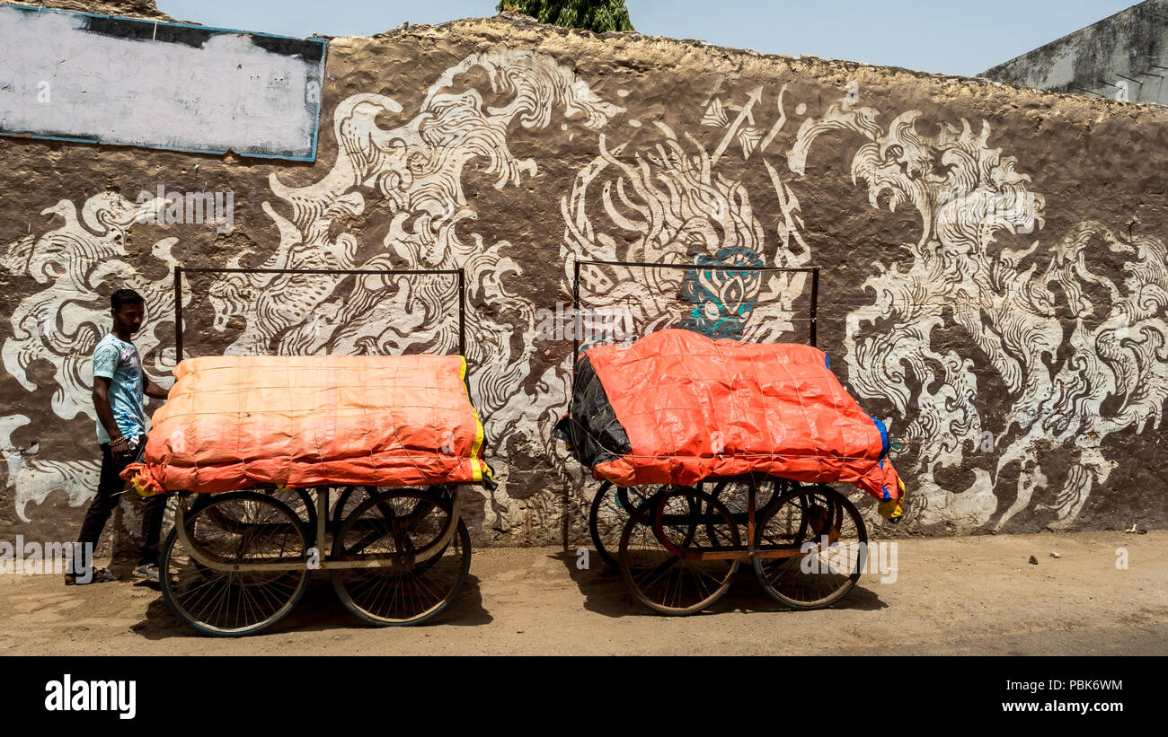 Traditional wall painting in Pushkar at a local house. India June 2018 ...