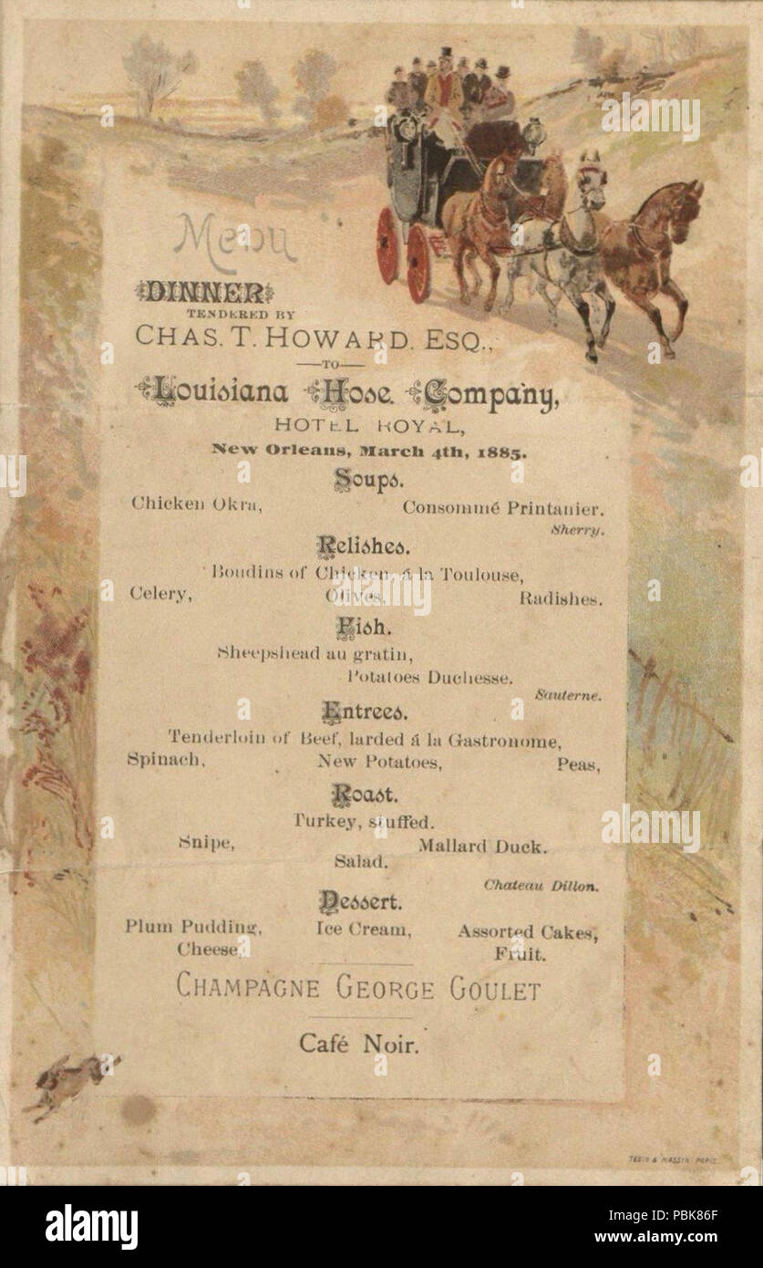 771 Hotel Royal Dinner Menu 4 March 1885 New Orleans Stock Photo - Alamy
