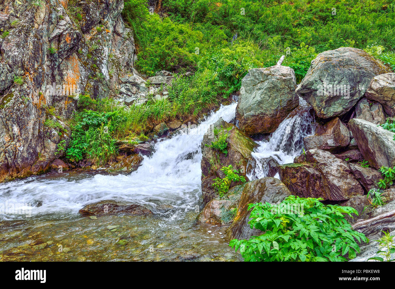 Mountain creek with waterfalls under cliff among boulders in Altai ...