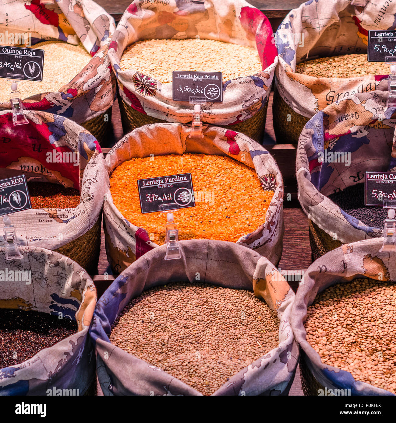 MADRID, SPAIN - AUGUST 26, 2017: Legumes stand with fresh organic ...