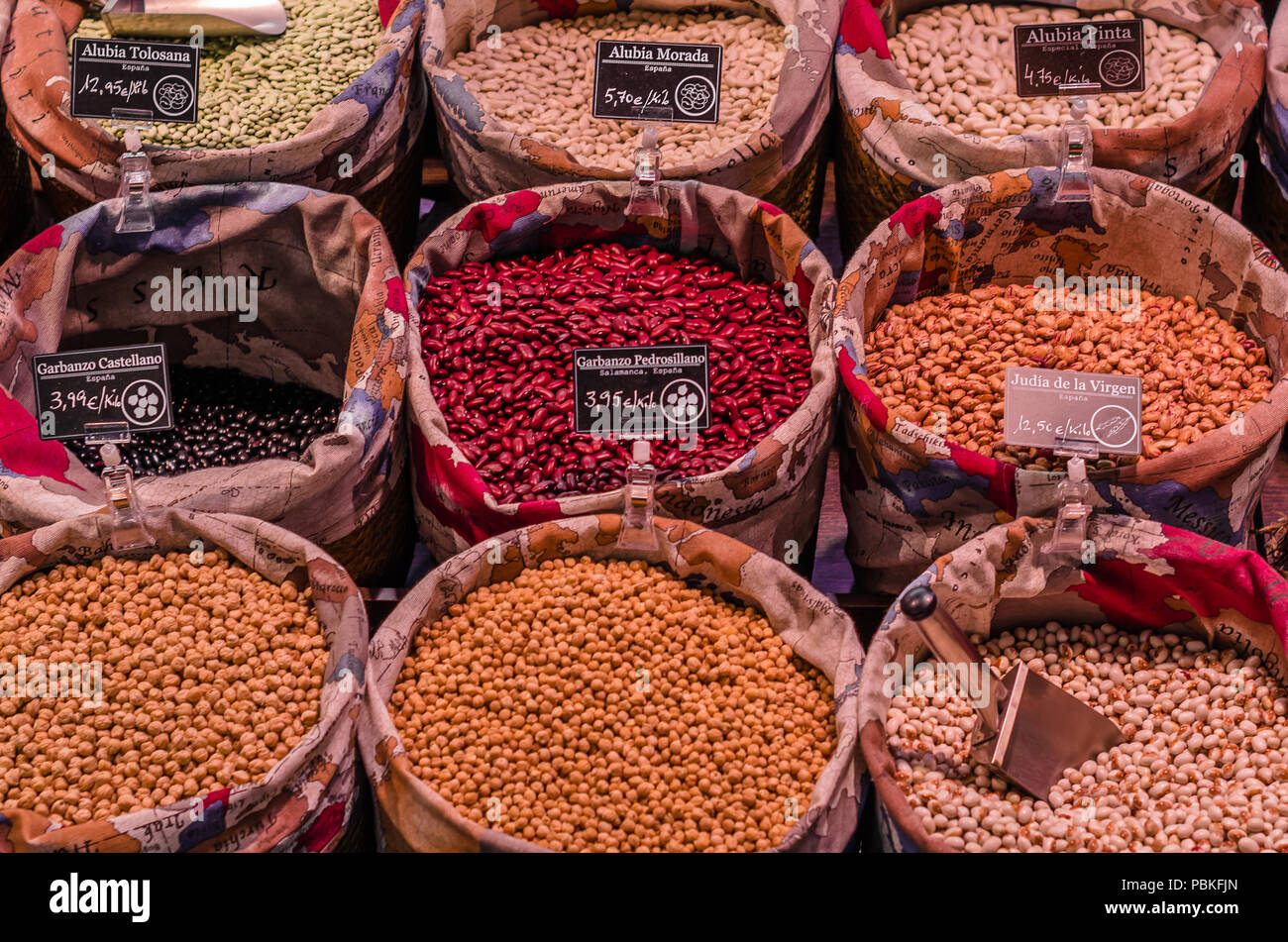 MADRID, SPAIN - AUGUST 26, 2017: Legumes stand with fresh organic ...