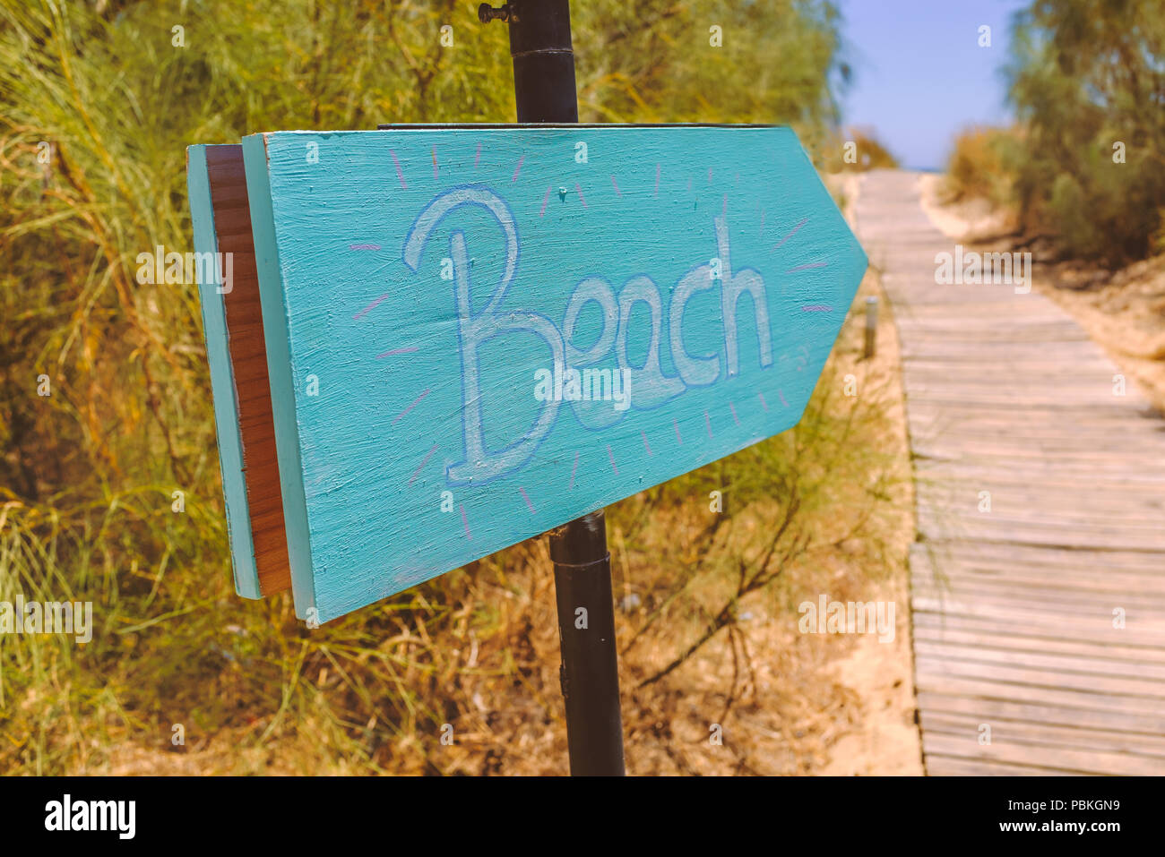 hand written wooden blue, turquoise sign on a metal pole pointing to ...