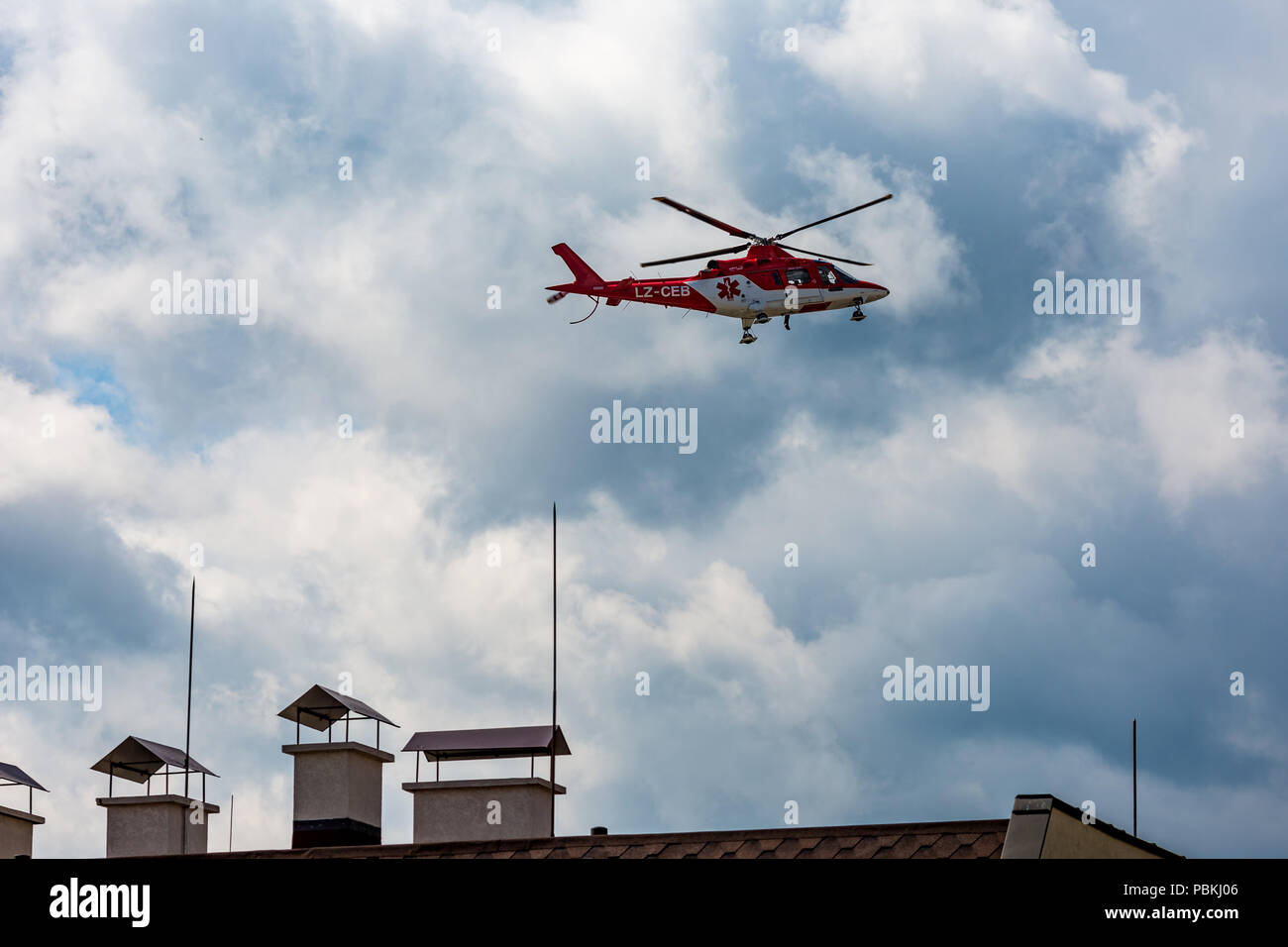 SOFIA, BULGARIA - JUNE 08, 2016: Medical rescue red cross helicopter ...