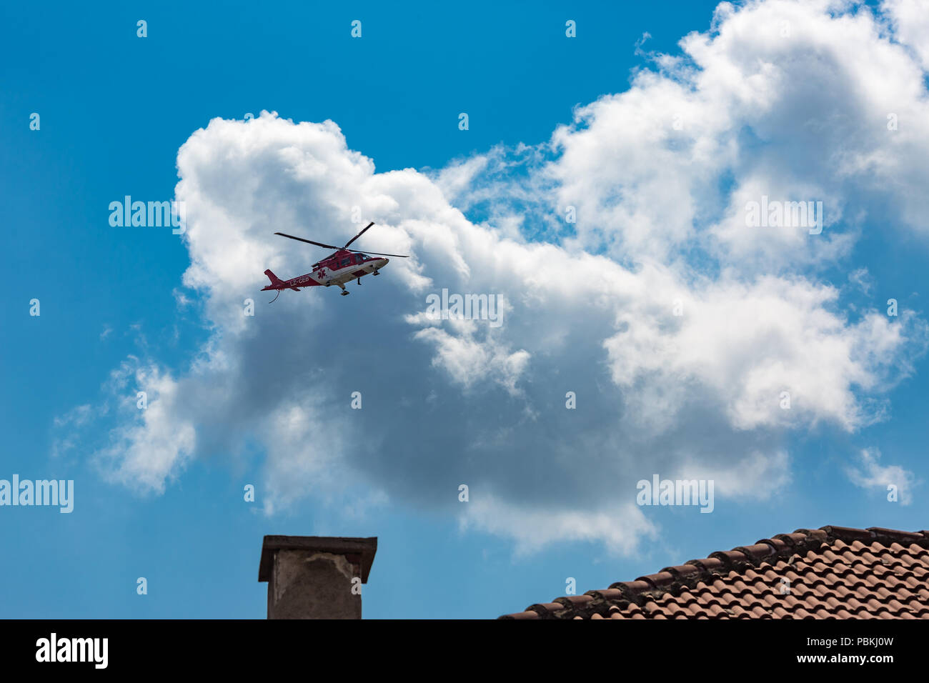 SOFIA, BULGARIA - JUNE 08, 2016: Medical rescue red cross helicopter ...