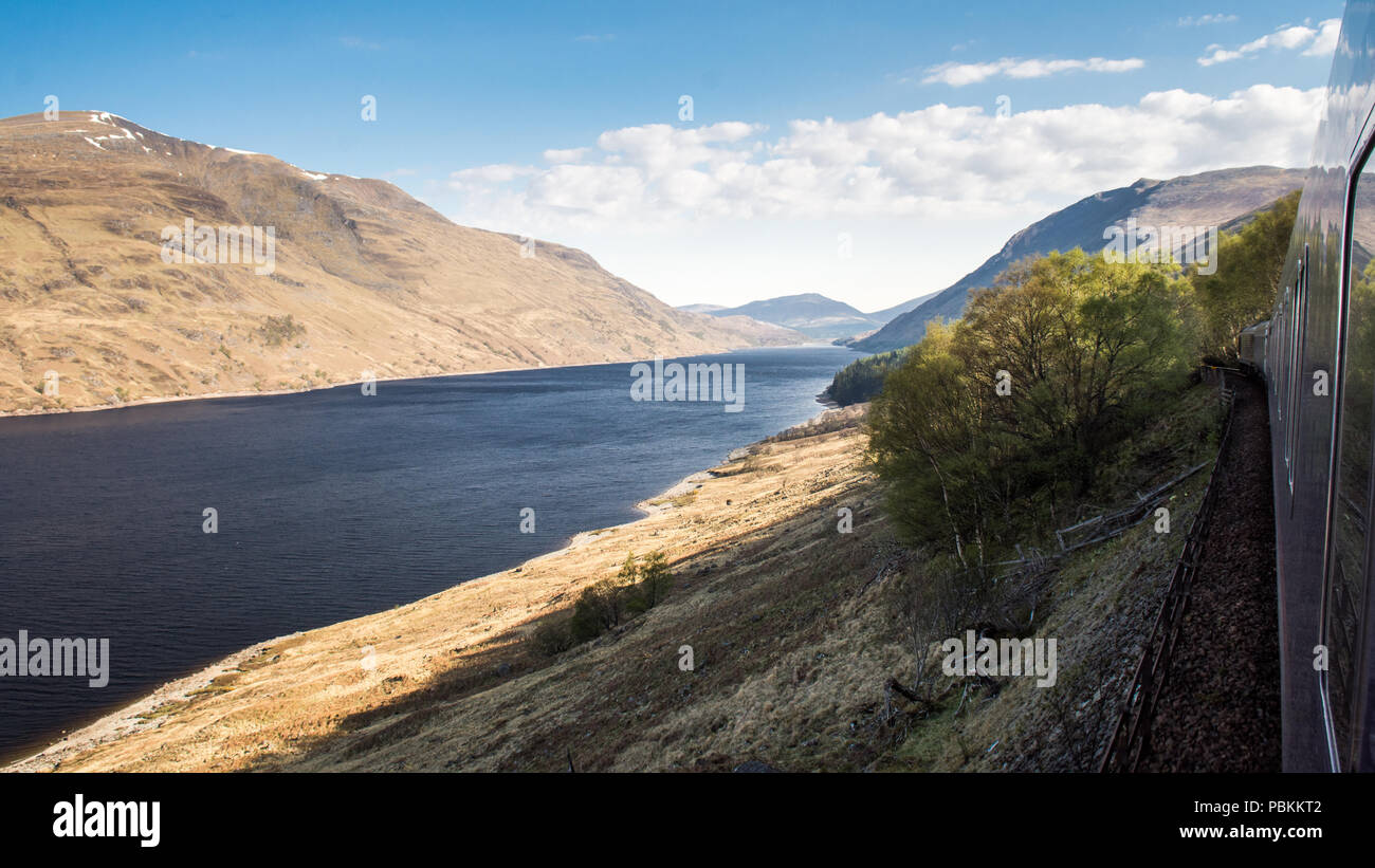 Loch Treig reservoir under mountains of the Nevis massif in the West ...