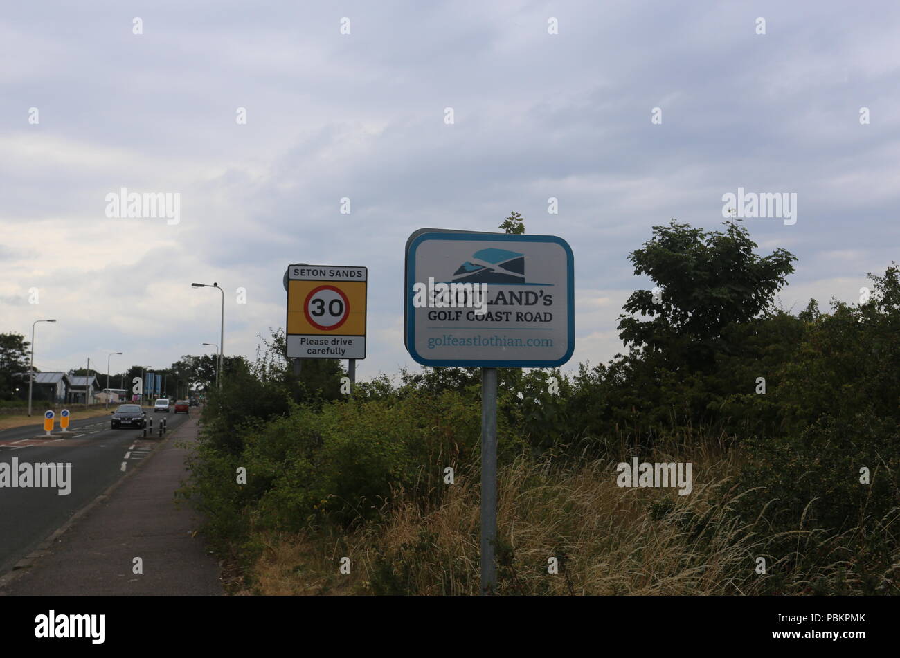 Sign for Scotland's Golf Coast Road on A198 East Lothian Scotland July ...
