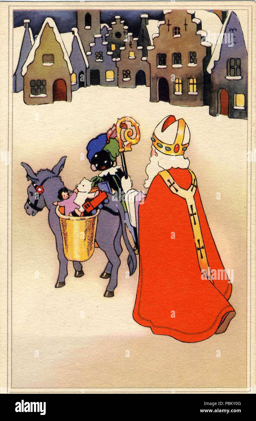 938 Lot 31, Santa art deco-look St. Nicholas and black helper, donkey ...