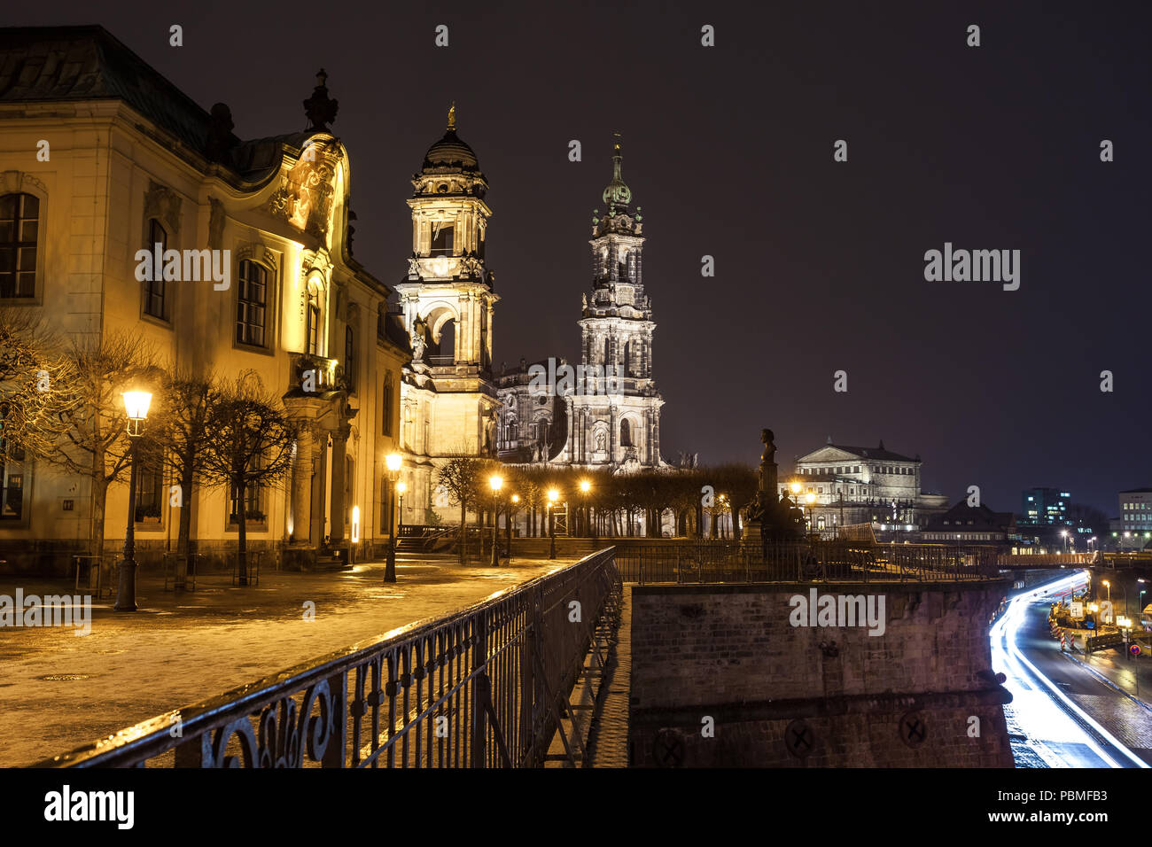 Night view of the Old Town architecture with Elbe river embankment in ...