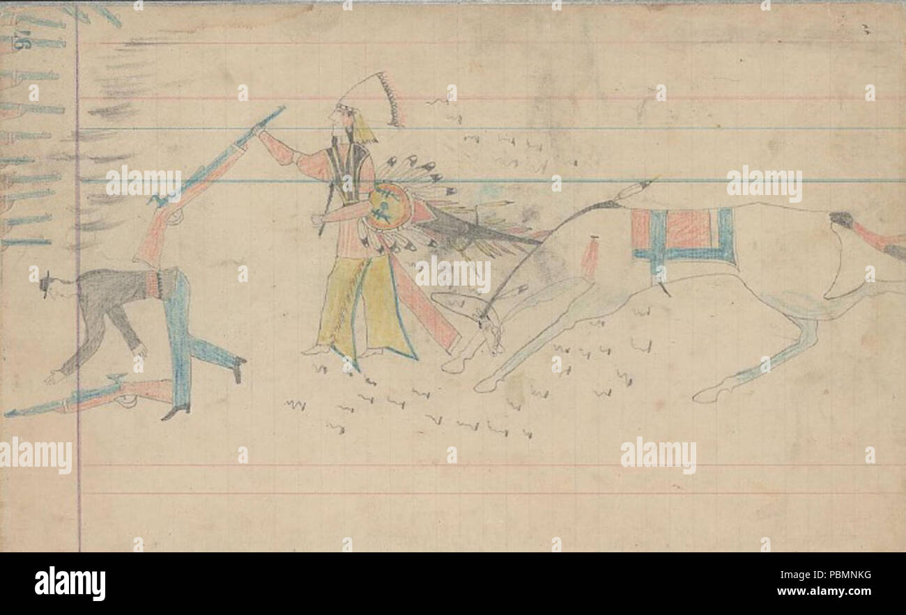 894 Ledger Drawing - Arapaho warrior and U.S Solddier - ca. 1880 Stock ...