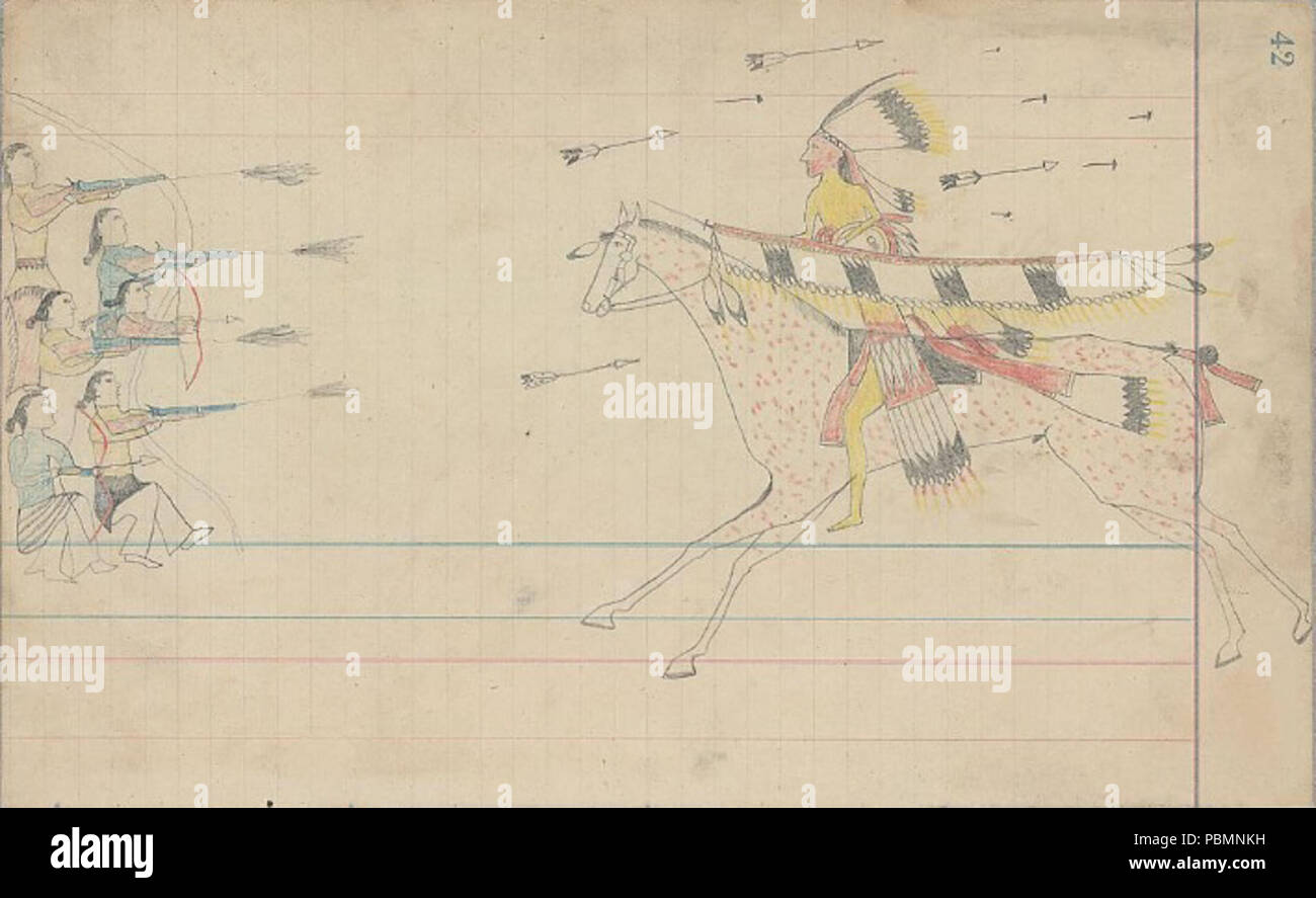 894 Ledger Drawing - Arapaho warrior fighting Navajo or Puebloan ...