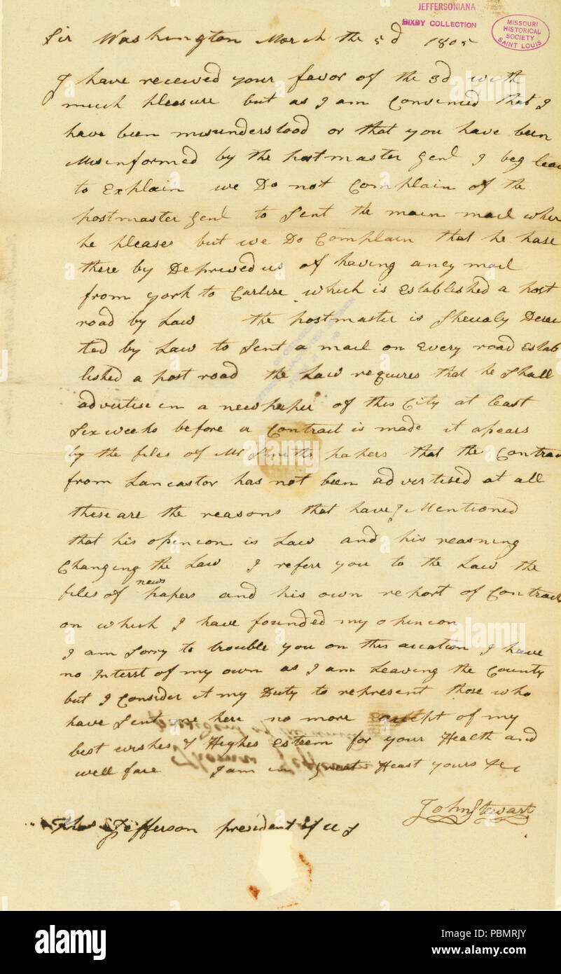 910 Letter signed John Stewart, Washington, to Thomas Jefferson, March ...