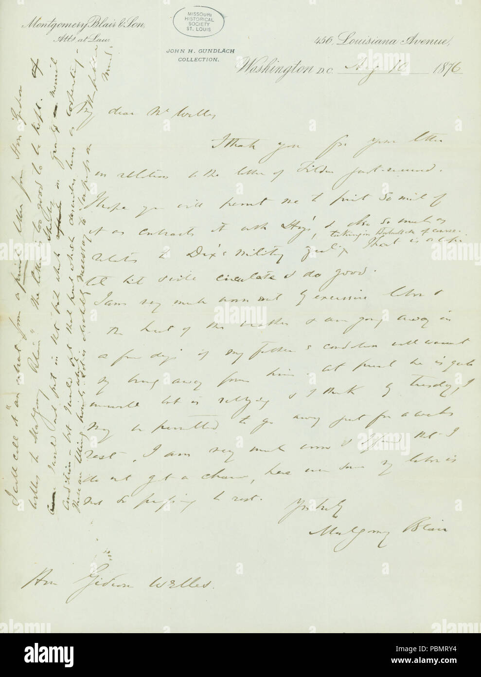 911 Letter signed Montgomery Blair, Washington, to Gideon Welles ...