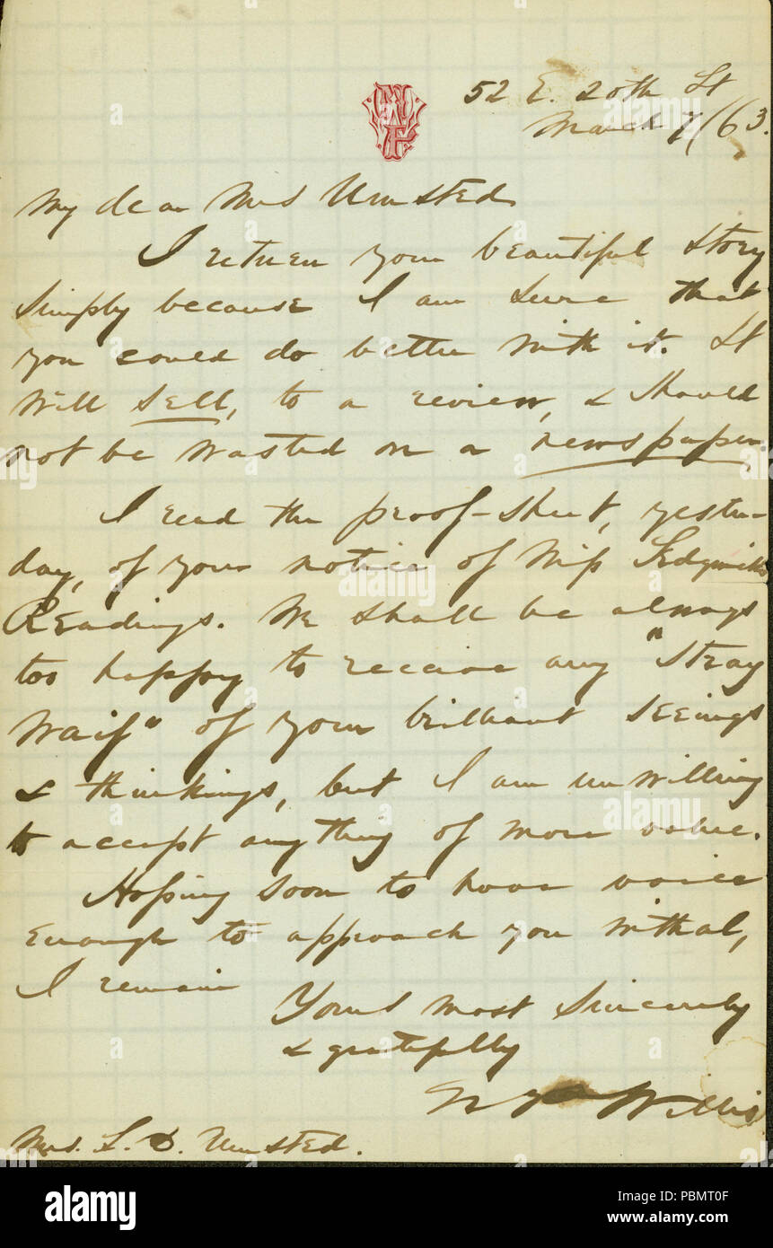 911 Letter signed N.P Willis to Mrs. L.D. Umsted, March 7, 1863 Stock ...