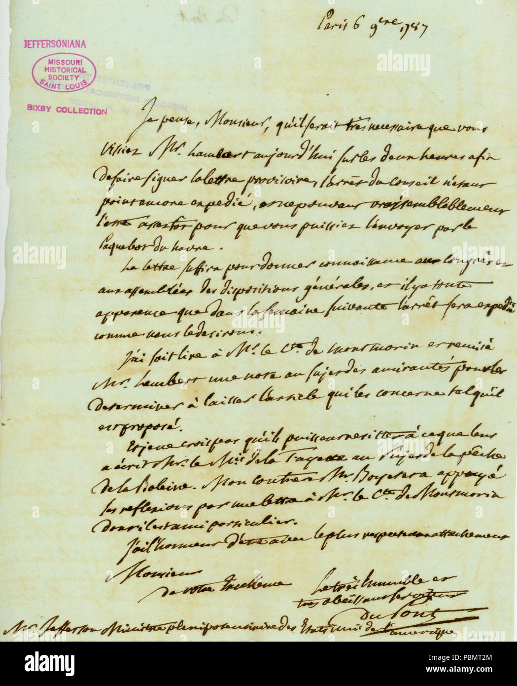 911 Letter signed Pierre Samuel Dupont, Paris, to Thomas Jefferson ...