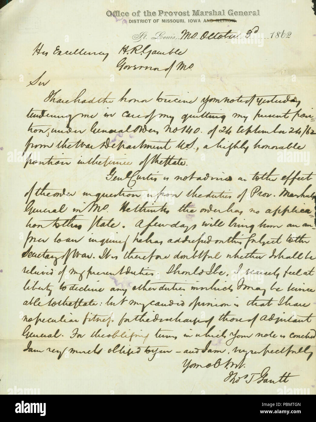 913 Letter signed Thos. T. Gantt (Thomas T. Gantt), Office of the ...