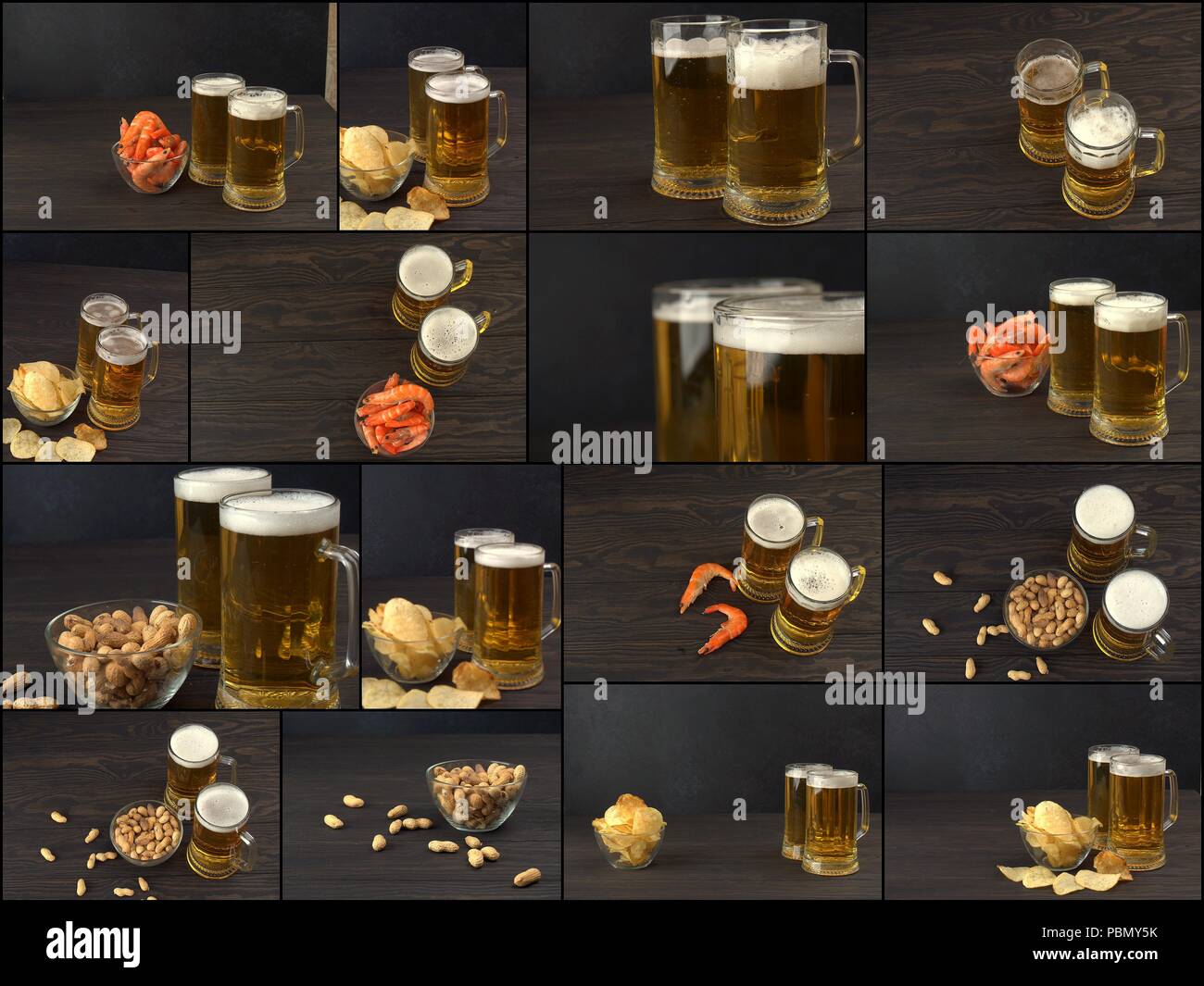 Collage from photos of beer and snacks on the dark table, Food collage ...