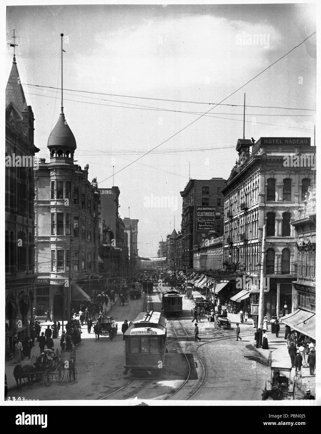 935 Looking south on Spring Street from First Street, Los Angeles, 1900 ...