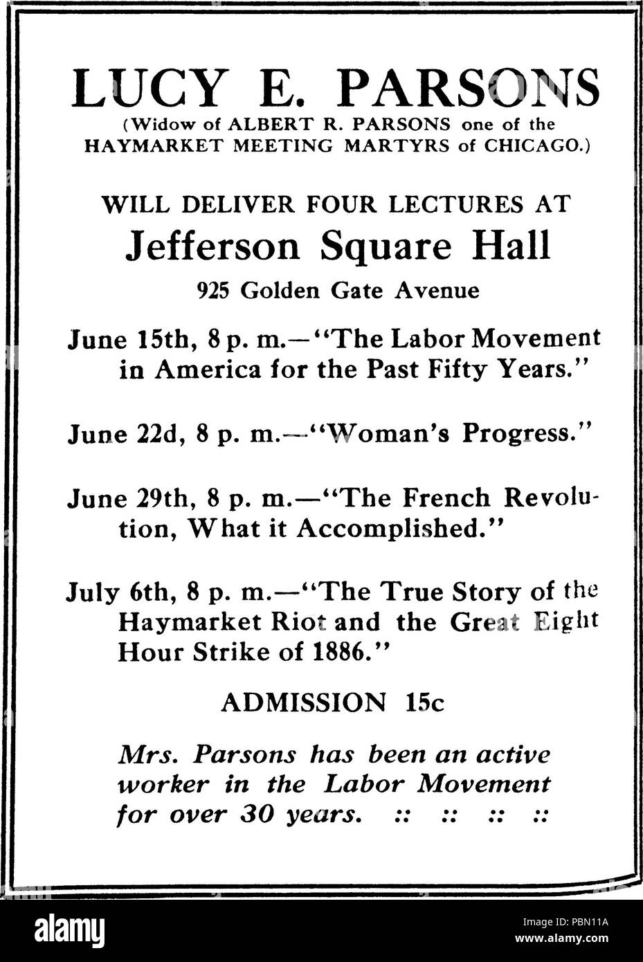 958 Lucy Parsons lectures announcement Stock Photo - Alamy