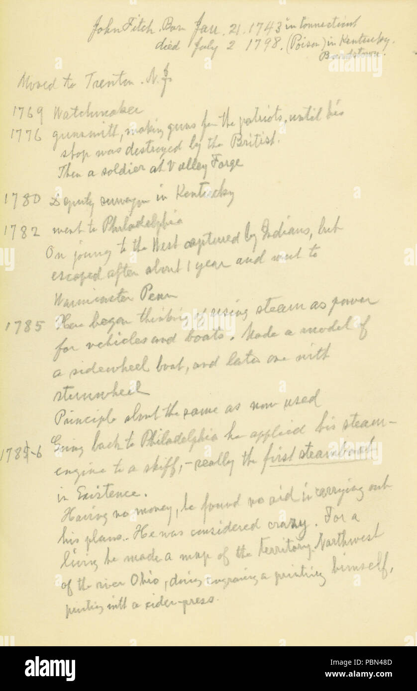 992 Manuscript notes on John Fitch, August 22, 26, 1910 Stock Photo - Alamy