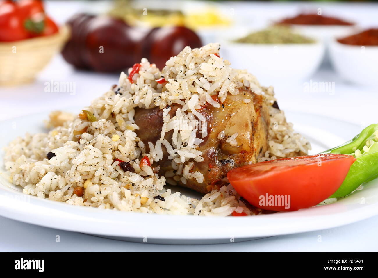 Beef meat with rice on plate Stock Photo - Alamy