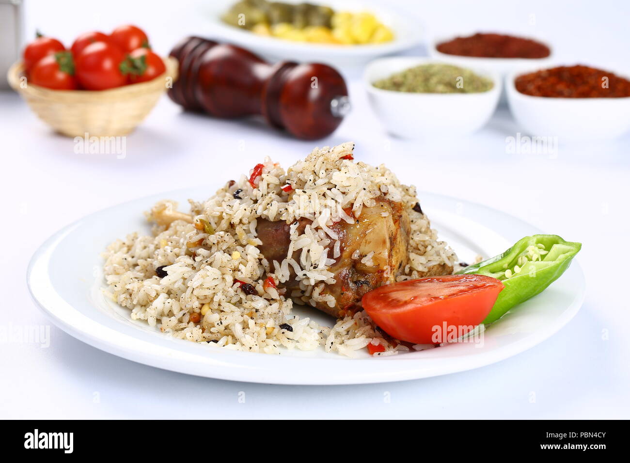 Beef meat with rice on plate Stock Photo - Alamy
