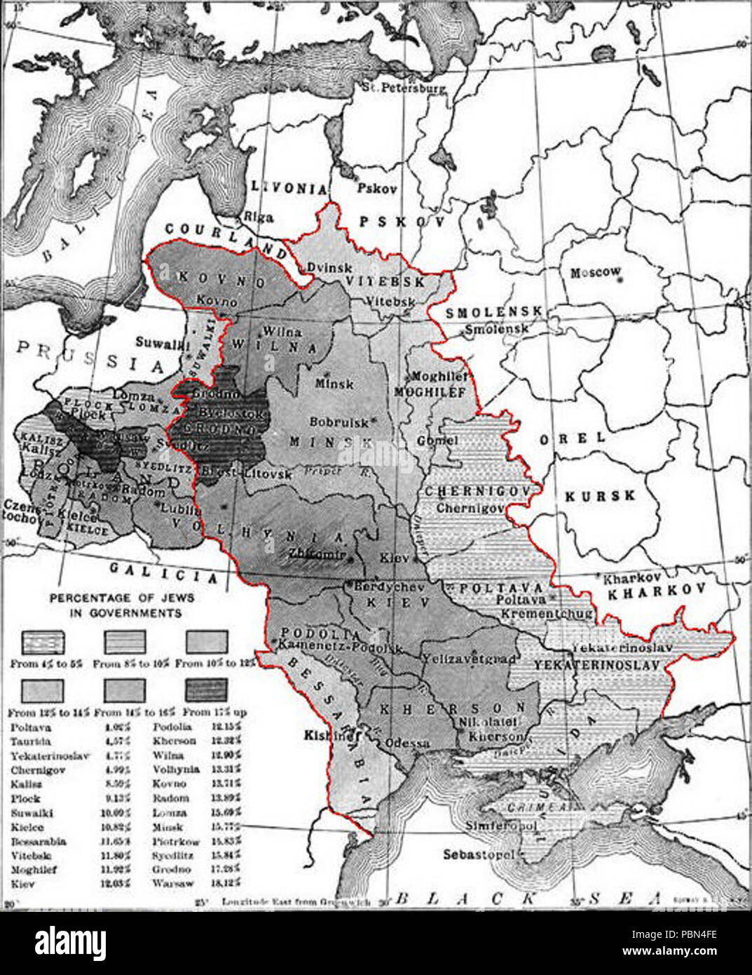 995 Map showing the percentage of Jews in the Pale of Settlement and ...