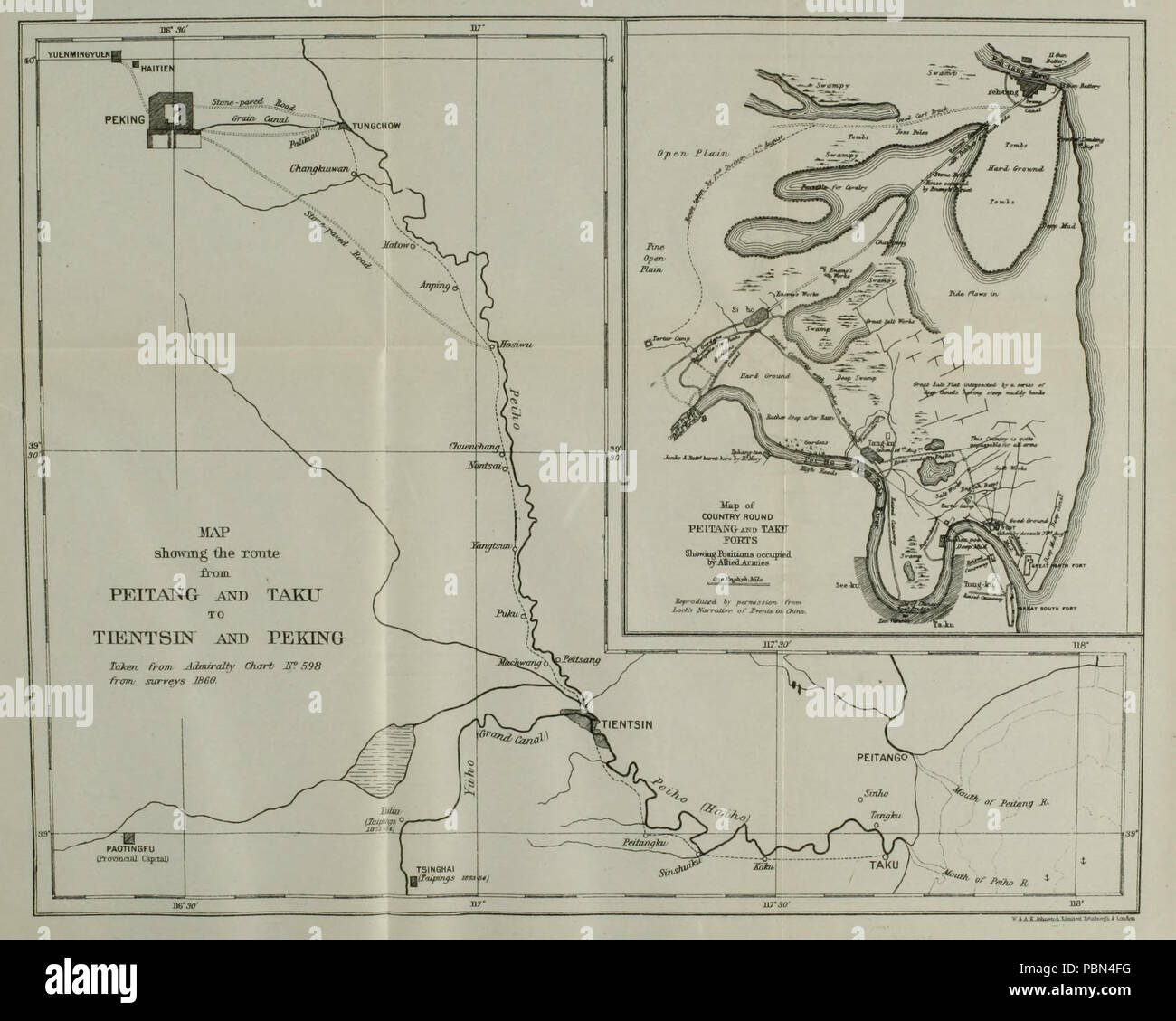 995 Map showing the route from Peitang and Taku to Tientsin and Peking ...