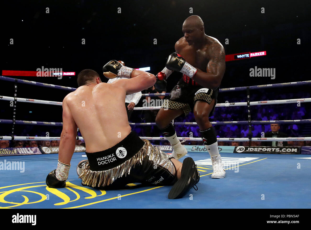 Dillian Whyte (right) knocks down Joseph Parker during their prior to ...