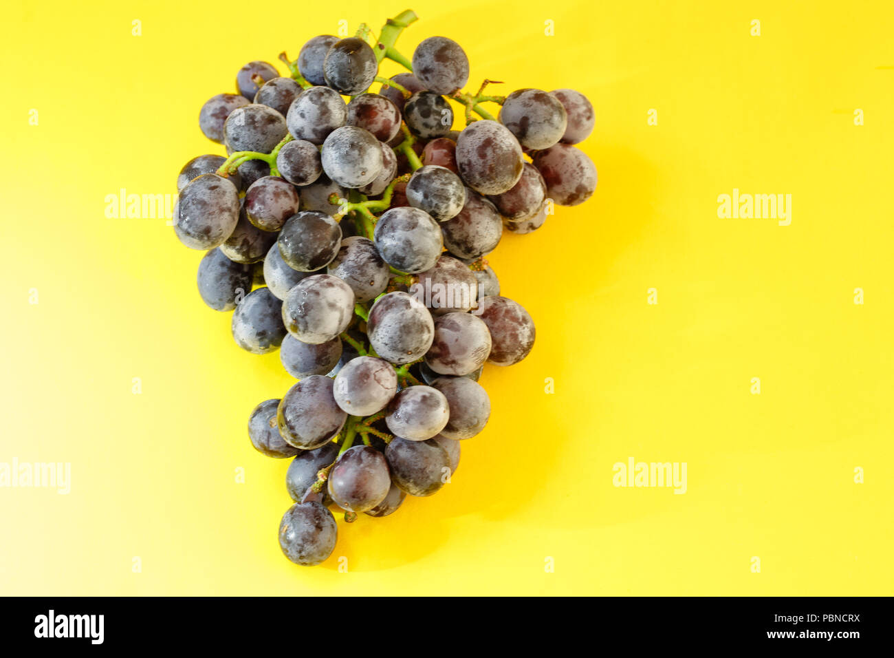A string of black grapes is on a yellow background Stock Photo - Alamy
