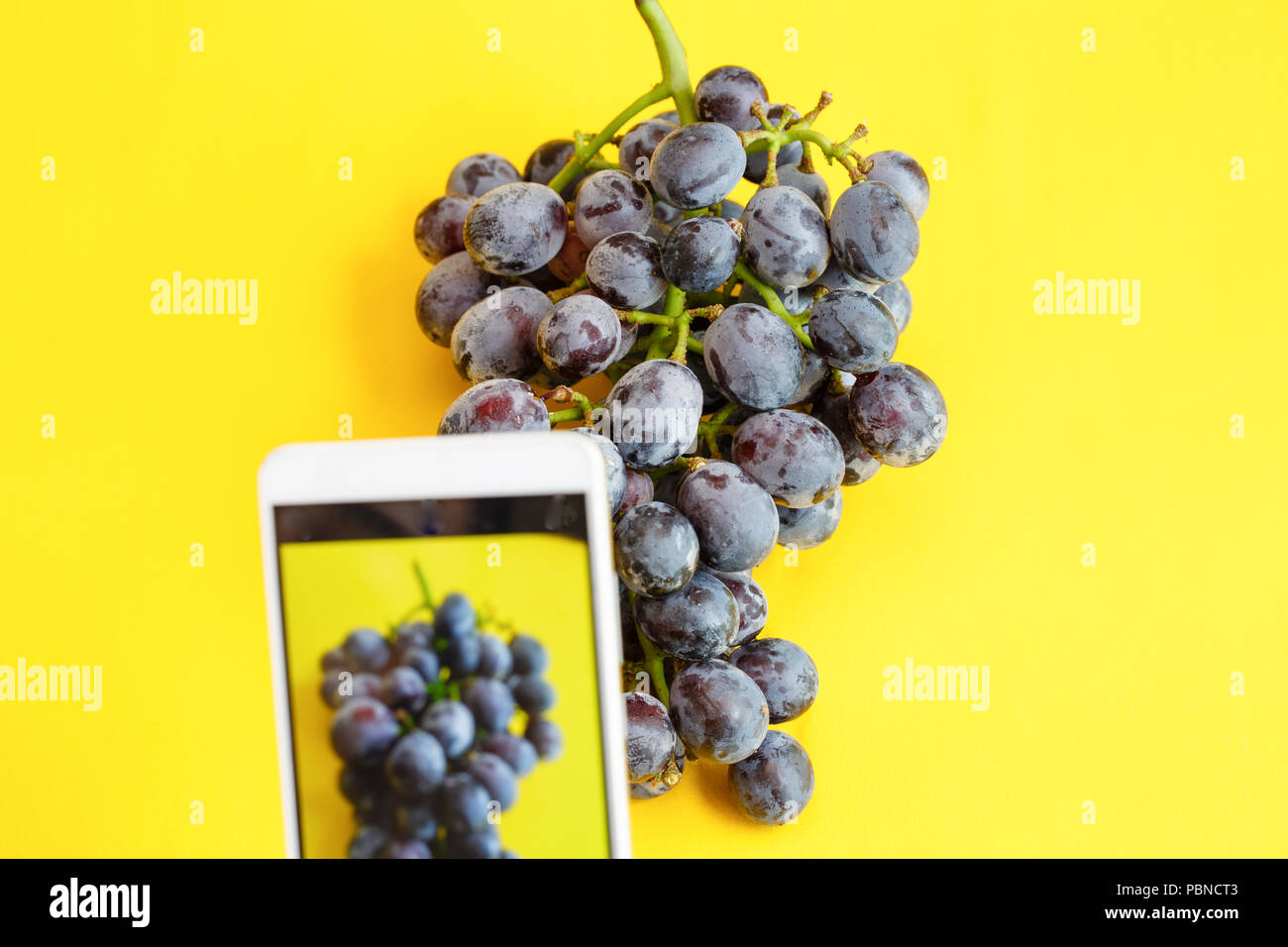 A string of black grapes is on a yellow background Stock Photo - Alamy